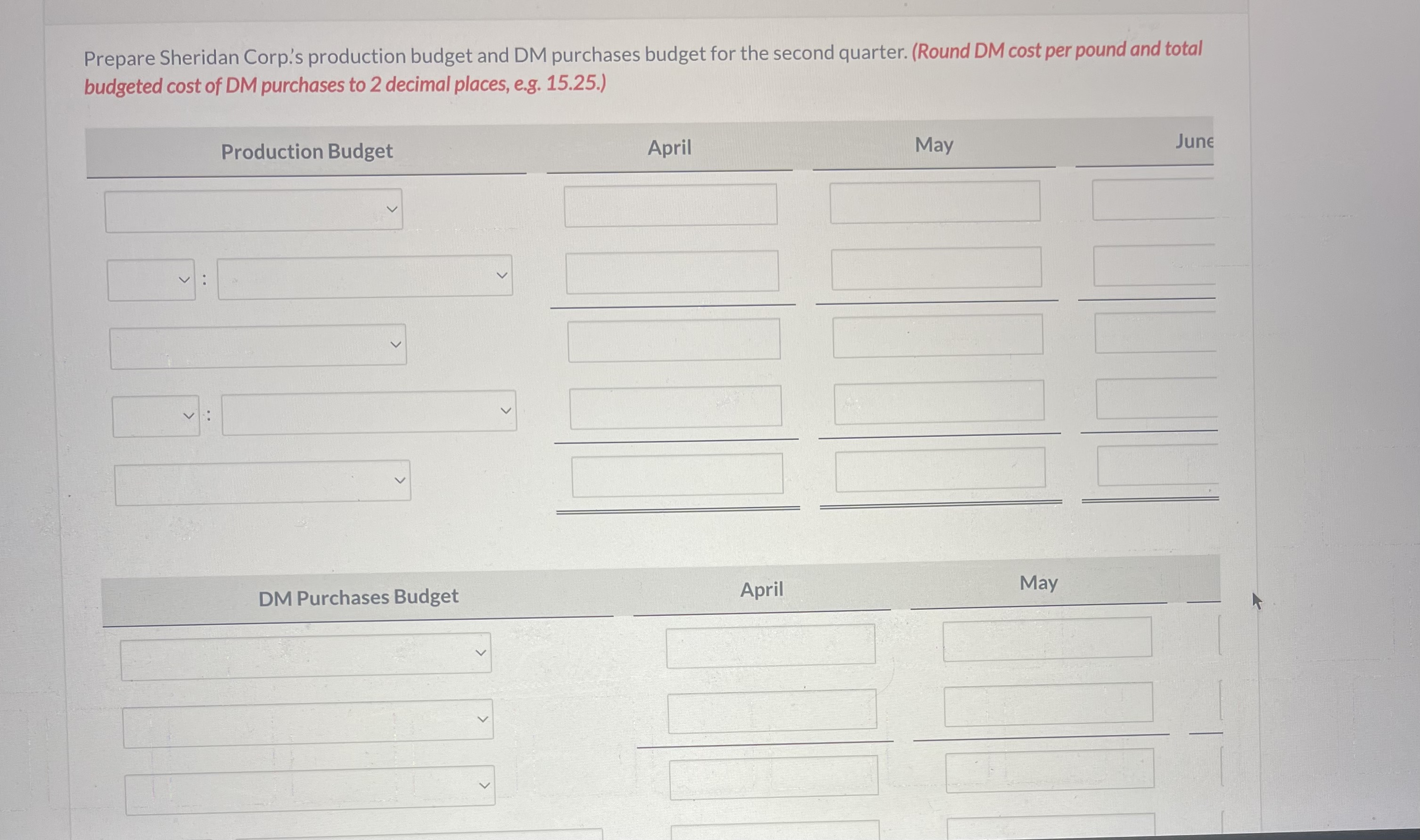 Solved Prepare Sheridan Corp.'s production budget and DM | Chegg.com