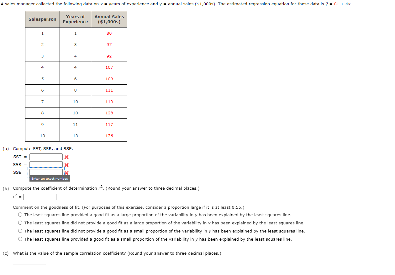 Solved A ﻿compute Sst ﻿ssr ﻿and Sse ﻿sst ﻿ssr ﻿sse
