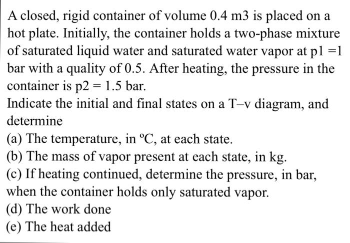 Solved A closed, rigid container of volume 0.4 m3 is placed | Chegg.com