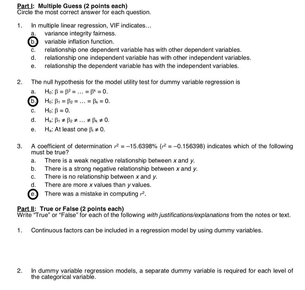 Solved Part l: Multiple Guess (2 points each) Circle the | Chegg.com