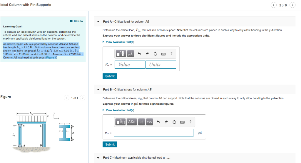 Solved Ideal Column with Pin Supports 2 of 9 Review Part A | Chegg.com