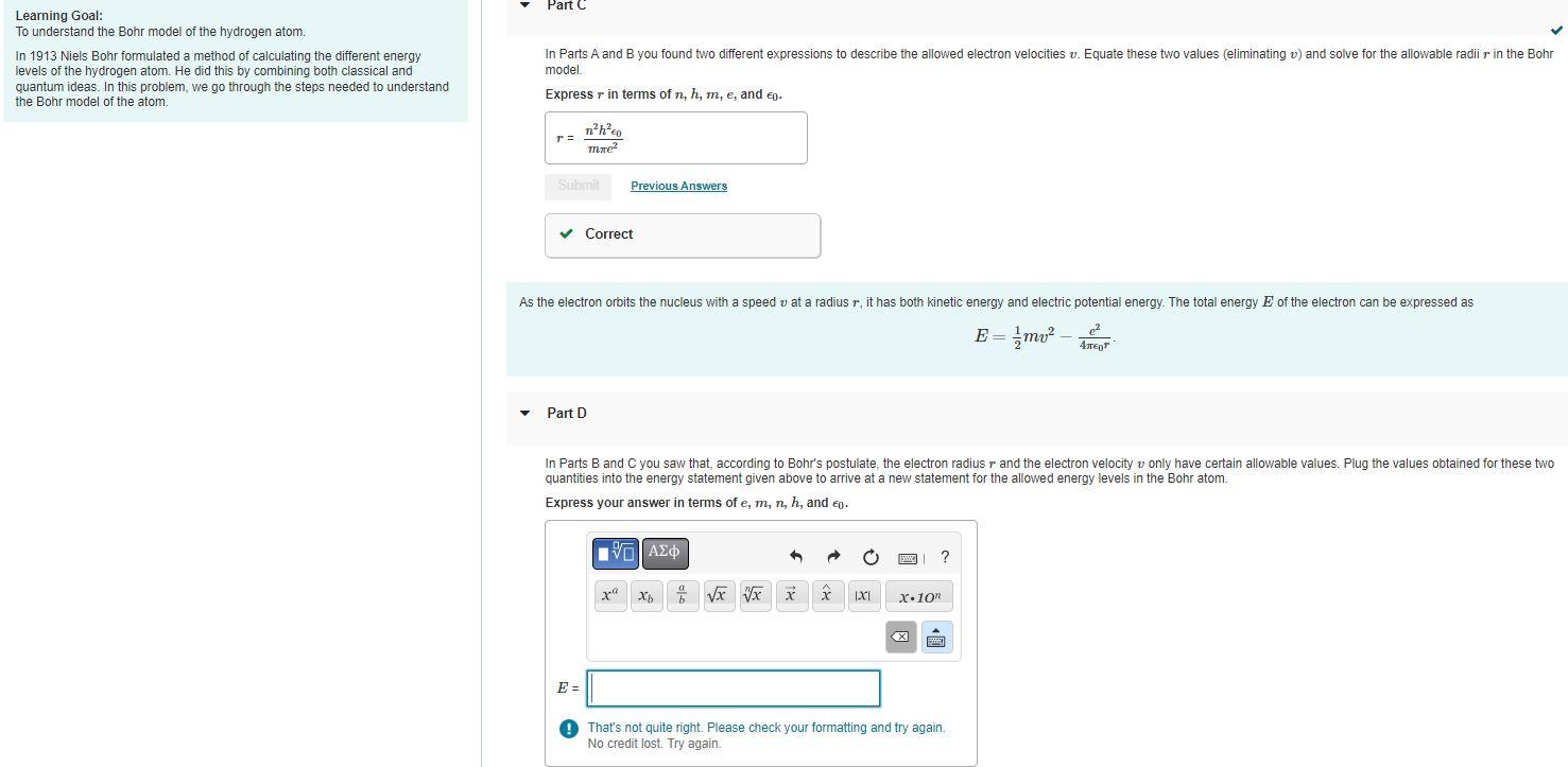 Solved Learning Goal: To understand the Bohr model of the | Chegg.com