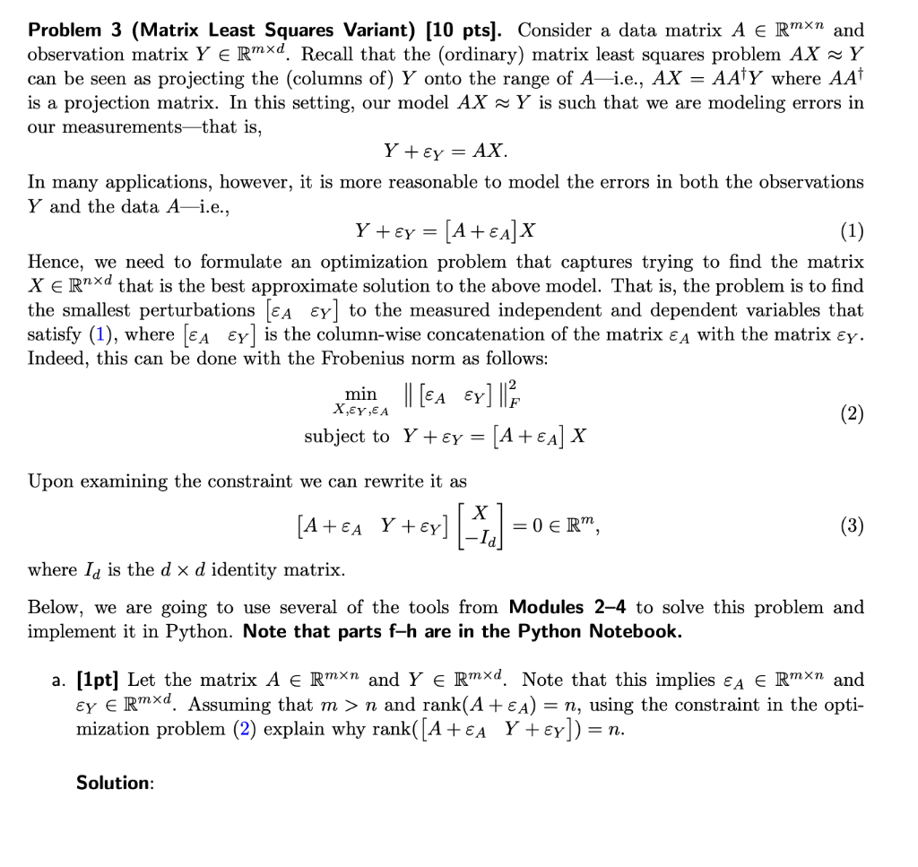 Problem 3 (Matrix Least Squares Variant) [10 pts]. | Chegg.com