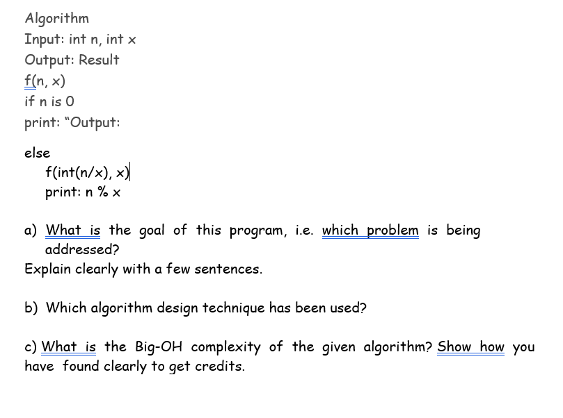Solved Algorithm Input: int n, int x Output: Result f(n,x) | Chegg.com