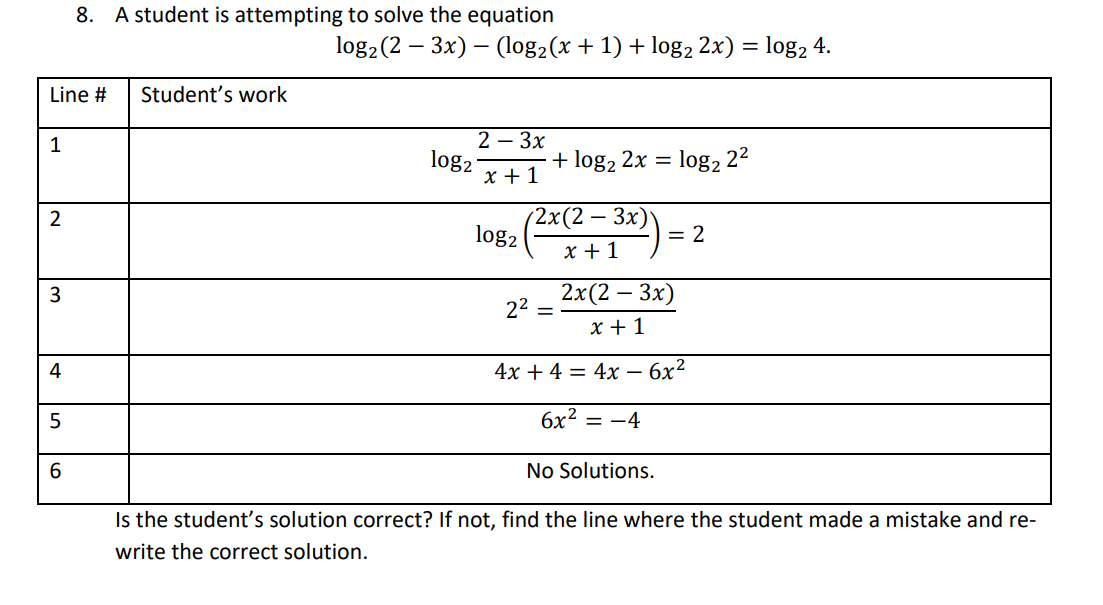 Solved log2(2−3x)−(log2(x+1)+log22x)=log24 IS the student's | Chegg.com