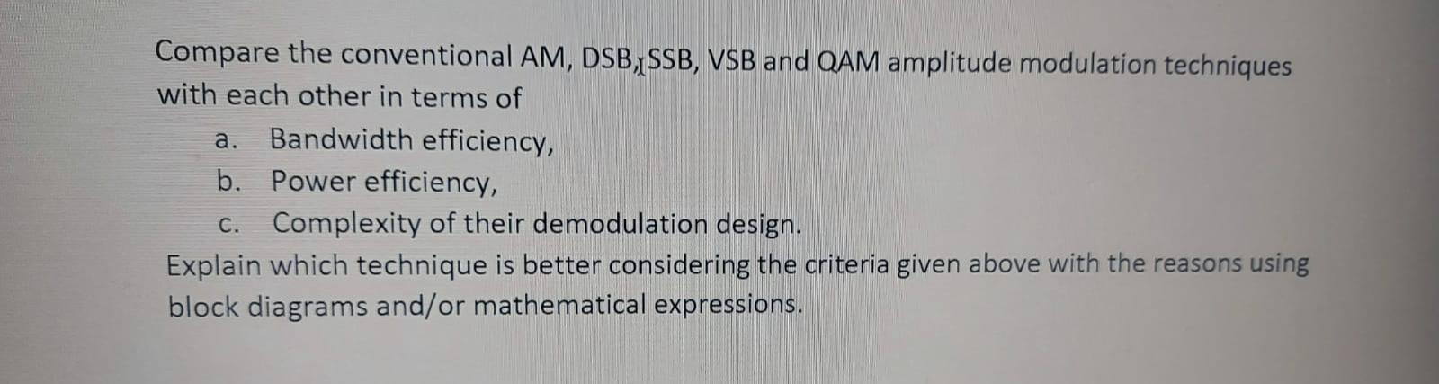 Solved Compare the conventional AM, DSB, SSB, VSB and QAM | Chegg.com