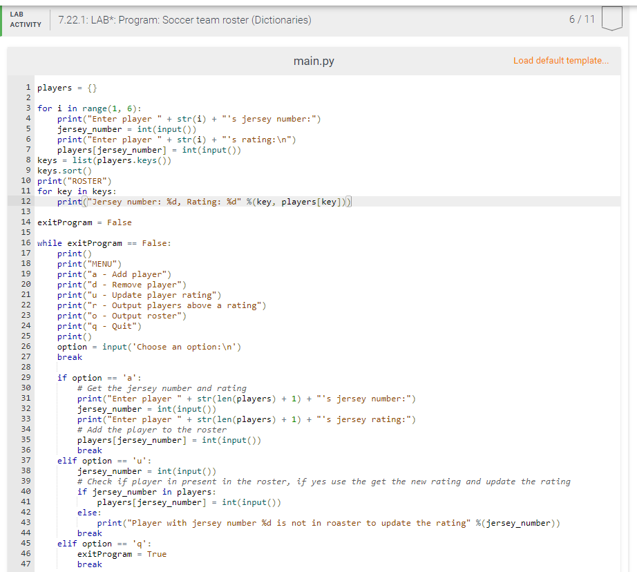 Solved 7.22.1: LAB*: Program: Soccer team roster | Chegg.com
