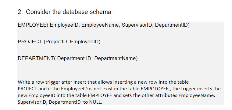 Solved 2. Consider the database schema : EMPLOYEE( | Chegg.com