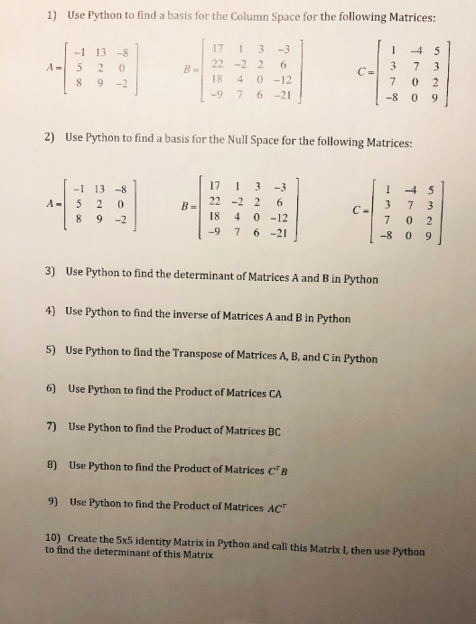 Solved 1) Use Python to find a basis for the Column Space | Chegg.com