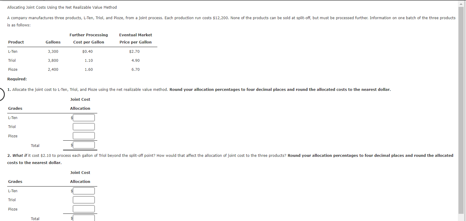 Solved Allocating Joint Costs Using the Net Realizable Value | Chegg.com