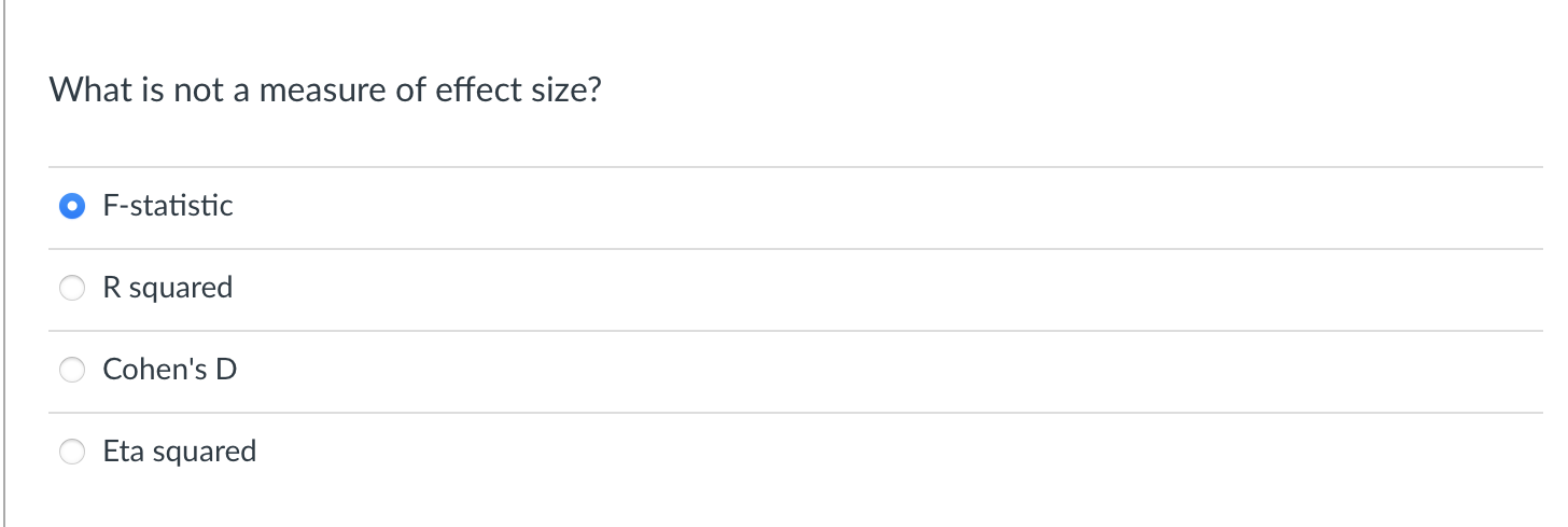 Solved What is not a measure of effect size? F-statistic R | Chegg.com