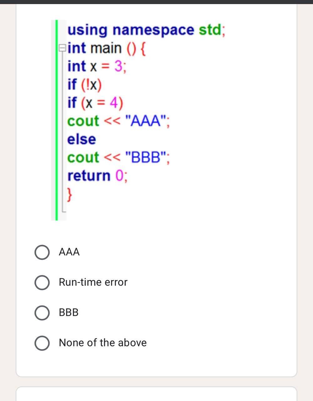 Solved using namespace std; int main() { int x = 3; if (!x) | Chegg.com