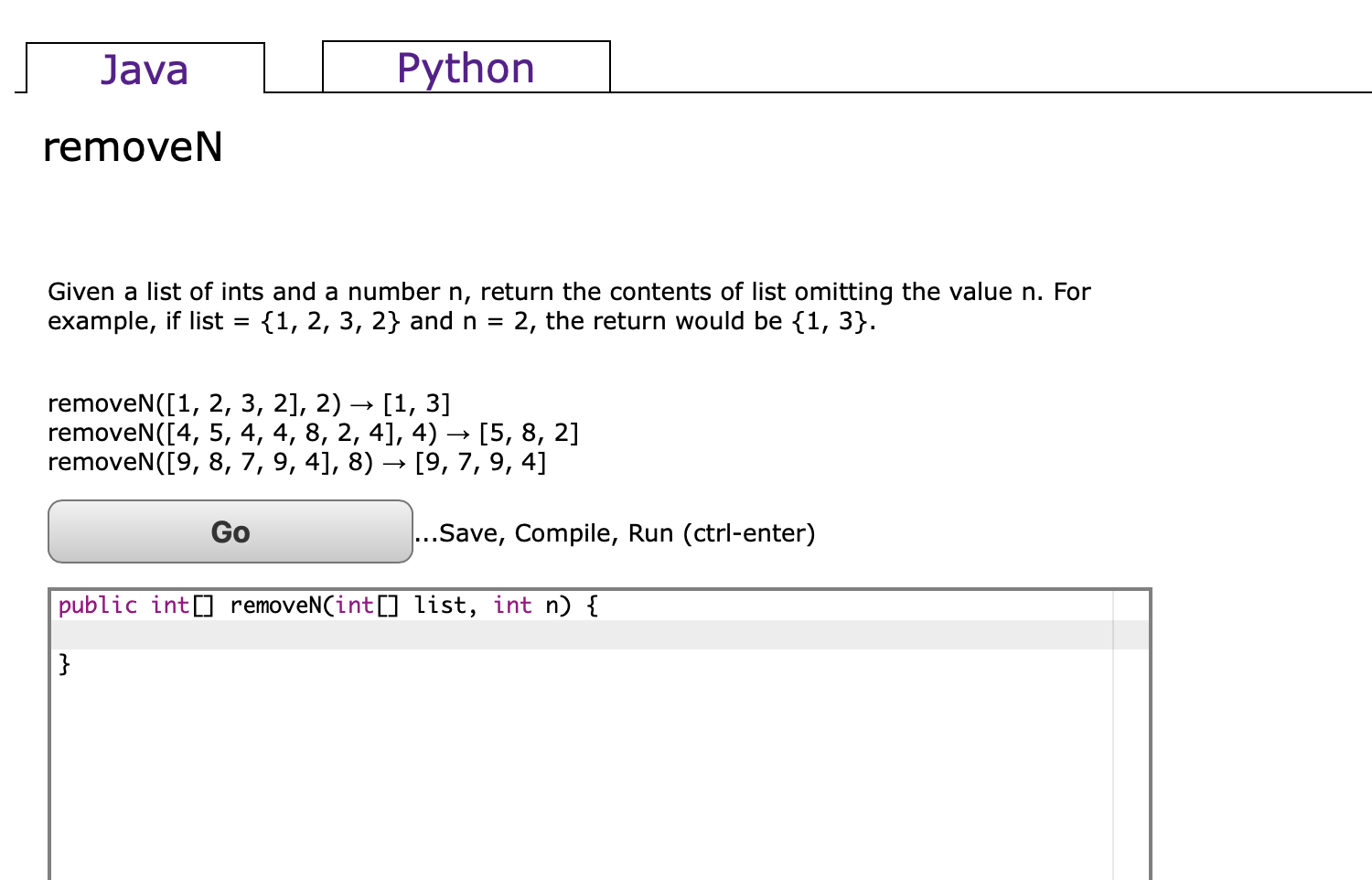 Solved Java Python removeN Given a list of ints and a number | Chegg.com