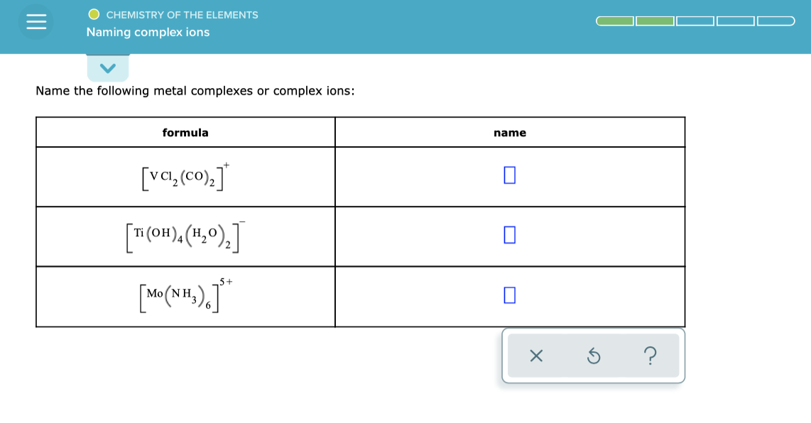 Solved O CHEMISTRY OF THE ELEMENTS Naming complex ions Name | Chegg.com