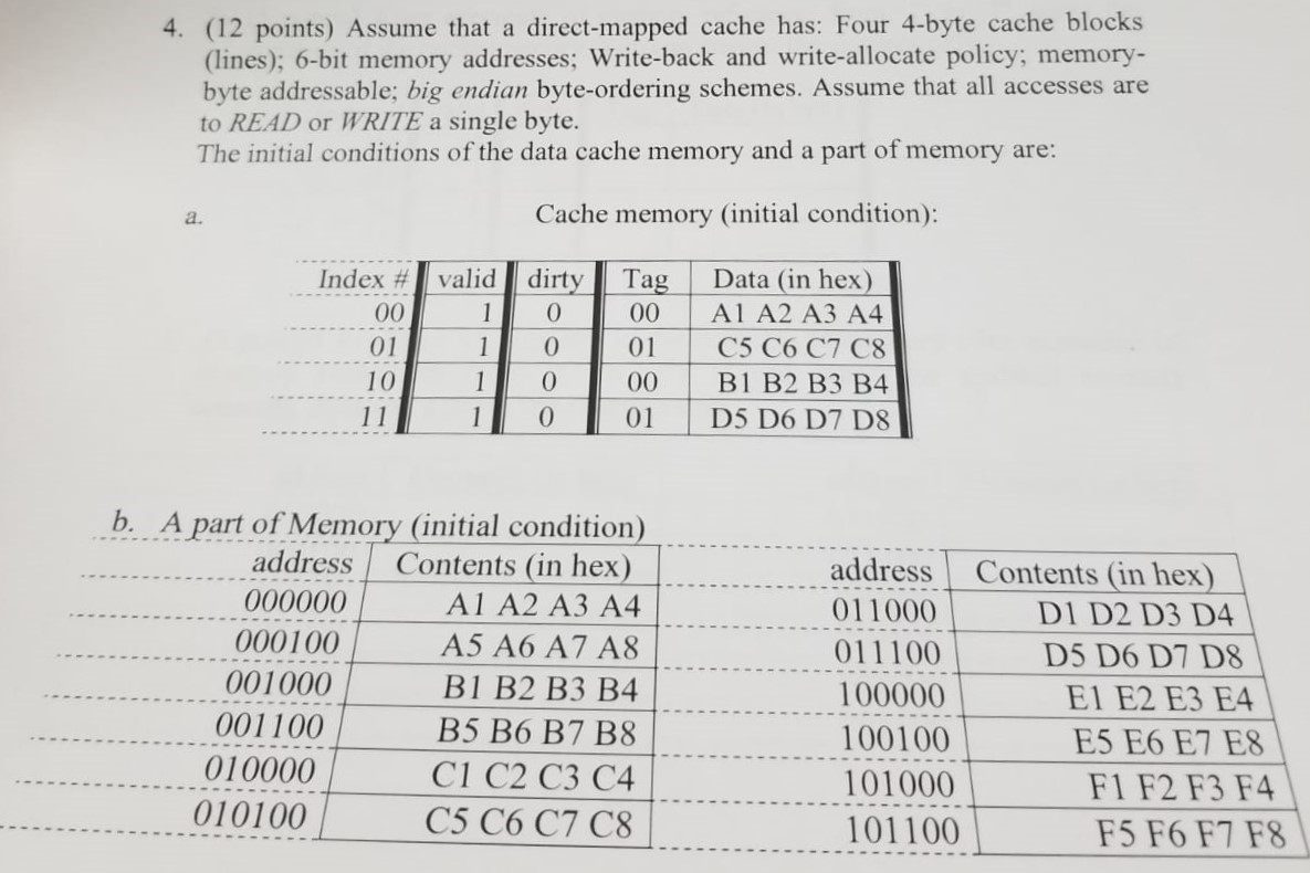 Solved 4. (12 points) Assume that a direct-mapped cache has: | Chegg.com