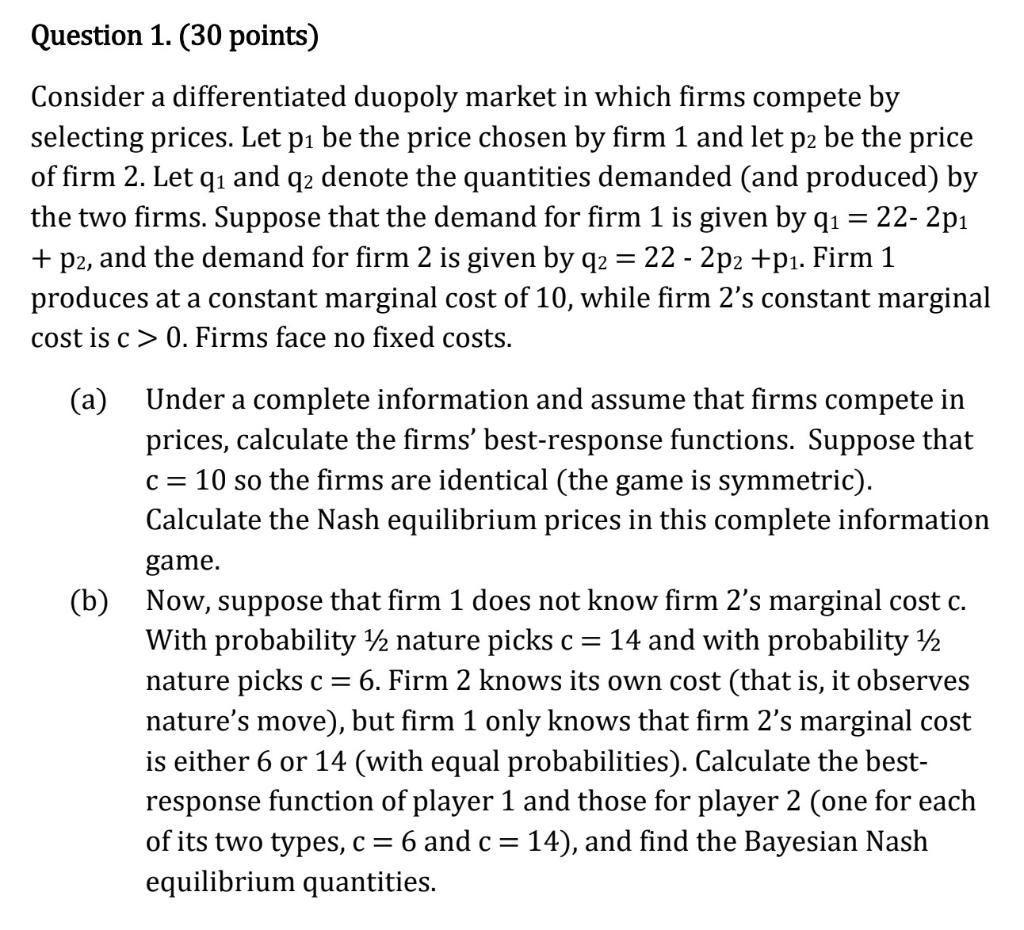 Solved Consider a differentiated duopoly market in which | Chegg.com