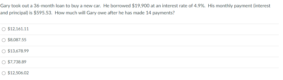 Solved Gary took out a 36-month loan to buy a new car. He | Chegg.com