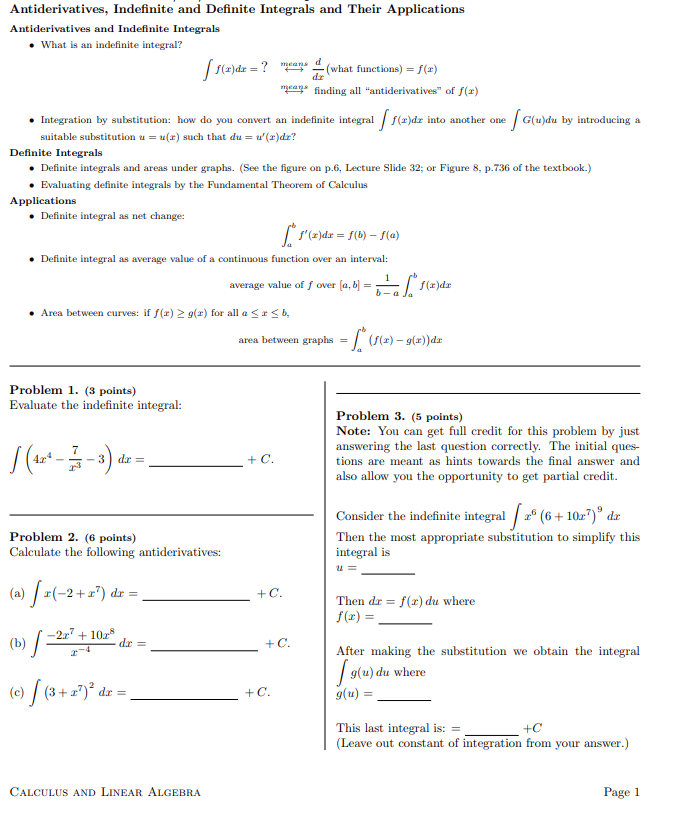 Solved Antiderivatives, Indefinite and Definite Integrals | Chegg.com