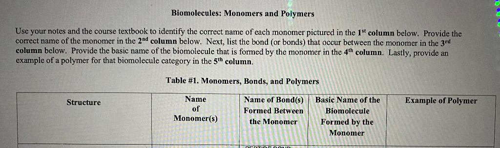 Solved Biomolecules: Monomers and Polymers Use your notes | Chegg.com