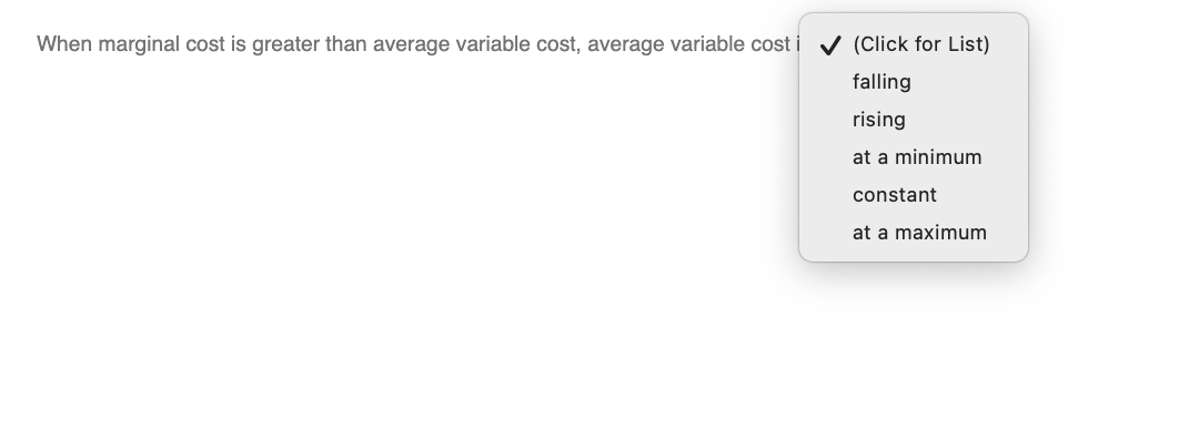 Solved When marginal cost is greater than average variable | Chegg.com