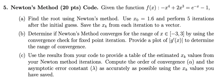 Solved 5. Newton's Method (20 pts) Code. Given the function | Chegg.com