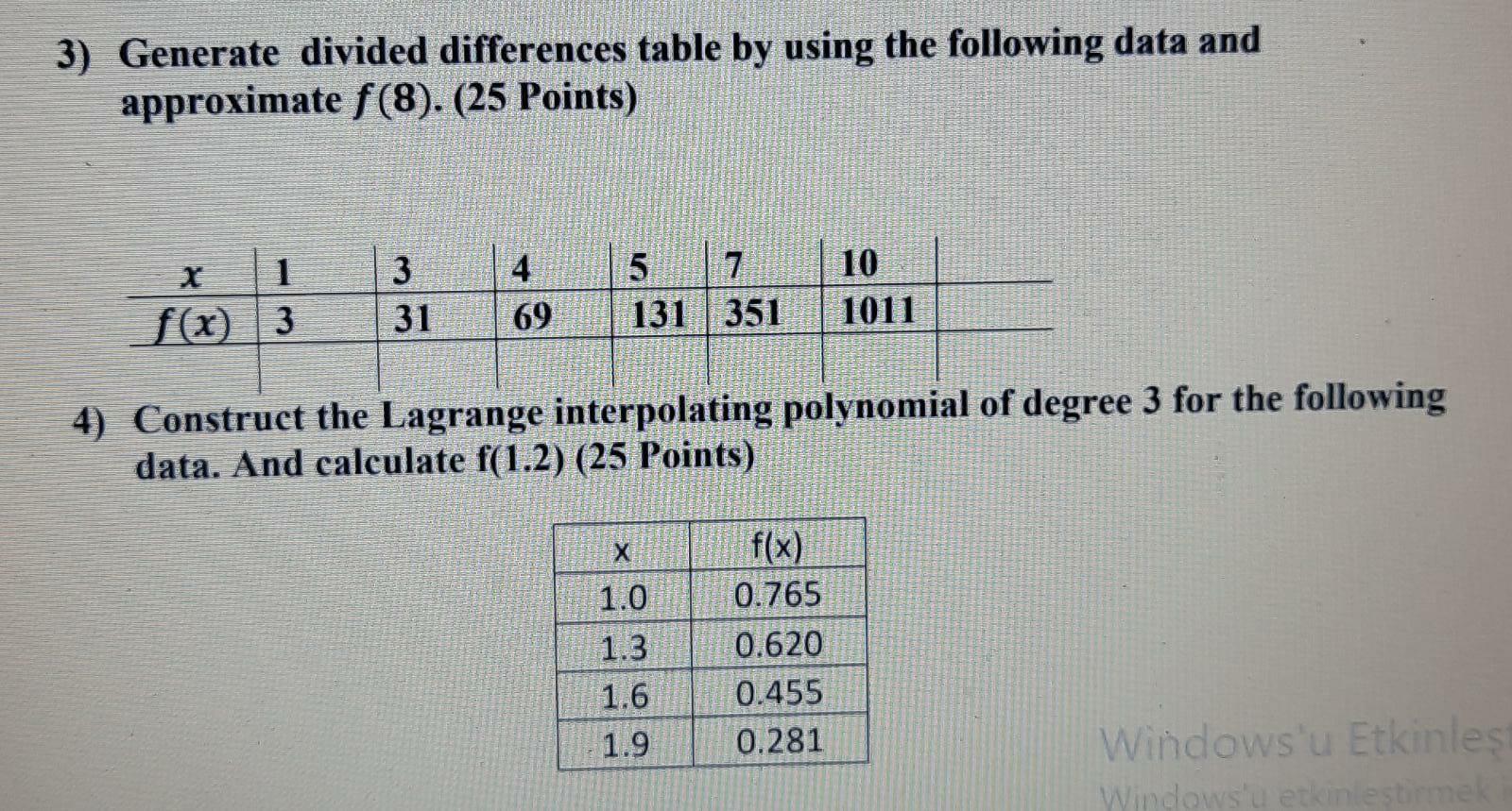 Solved 3) Generate divided differences table by using the | Chegg.com
