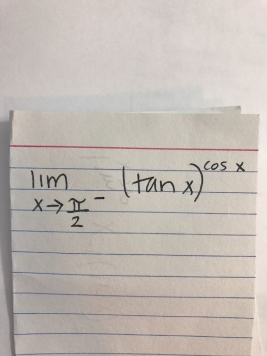 Solved Find the limit. Lim_x rightarrow pi/2^- (tan x)^cos | Chegg.com