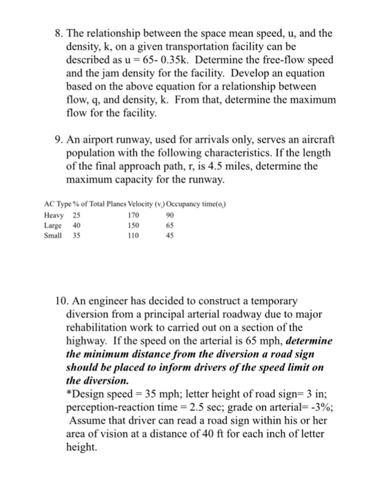 Solved 8. The relationship between the space mean speed, u, | Chegg.com