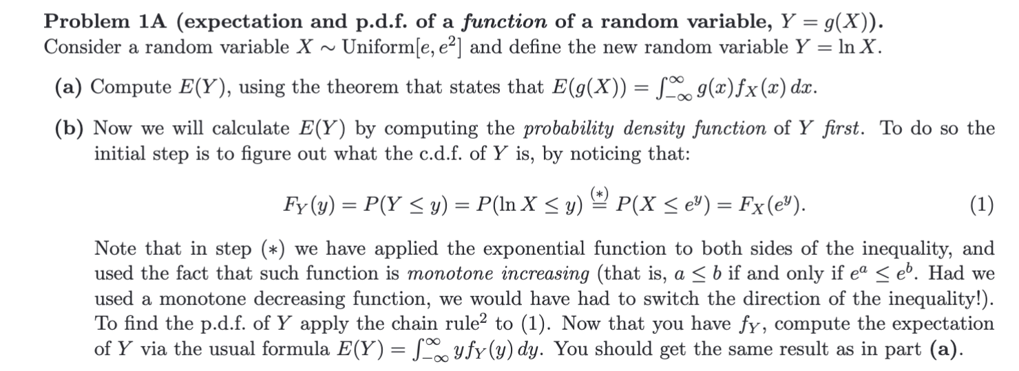 Solved Problem 1A (expectation and p.d.f. of a function of a | Chegg.com