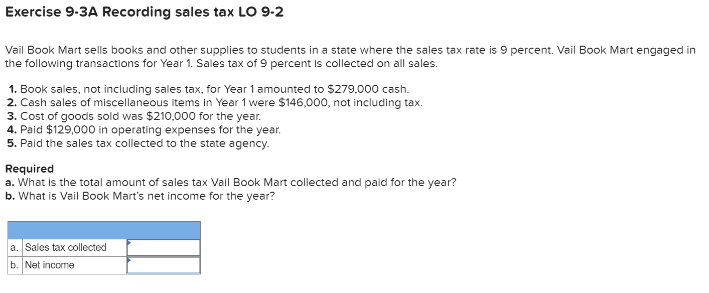Solved Exercise 9-3A Recording sales tax LO 9-2 Vail Book | Chegg.com