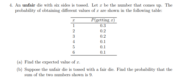 Solved 4. An unfair die with six sides is tossed. Let x be | Chegg.com
