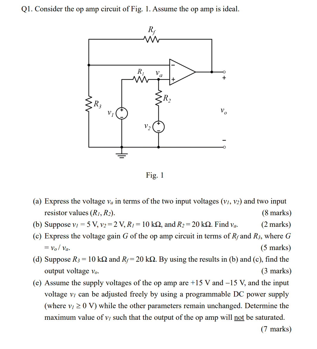 Solved Q1. Consider the op amp circuit of Fig. 1. Assume the | Chegg.com