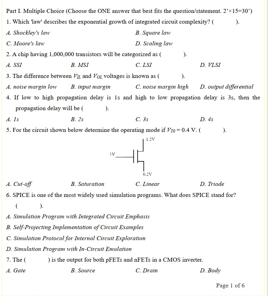 Solved Part I. Multiple Choice (Choose the ONE answer that | Chegg.com