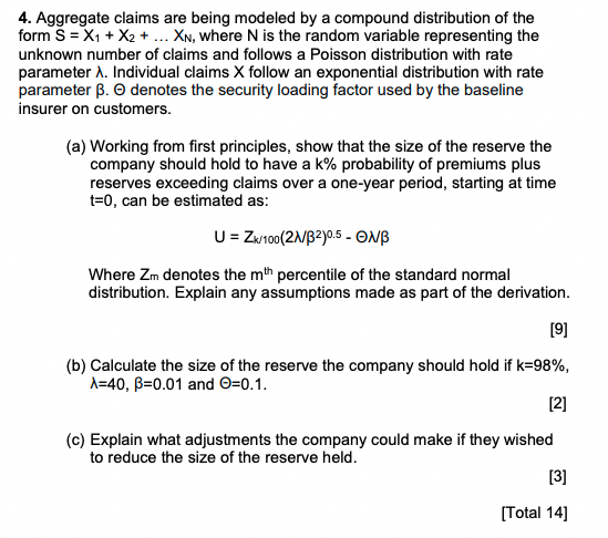 Solved 4. Aggregate claims are being modeled by a compound | Chegg.com