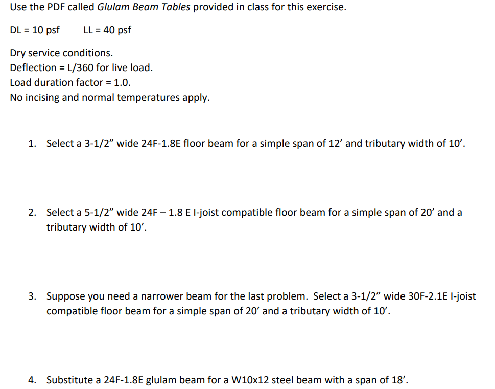 Use the PDF called Glulam Beam Tables provided in | Chegg.com