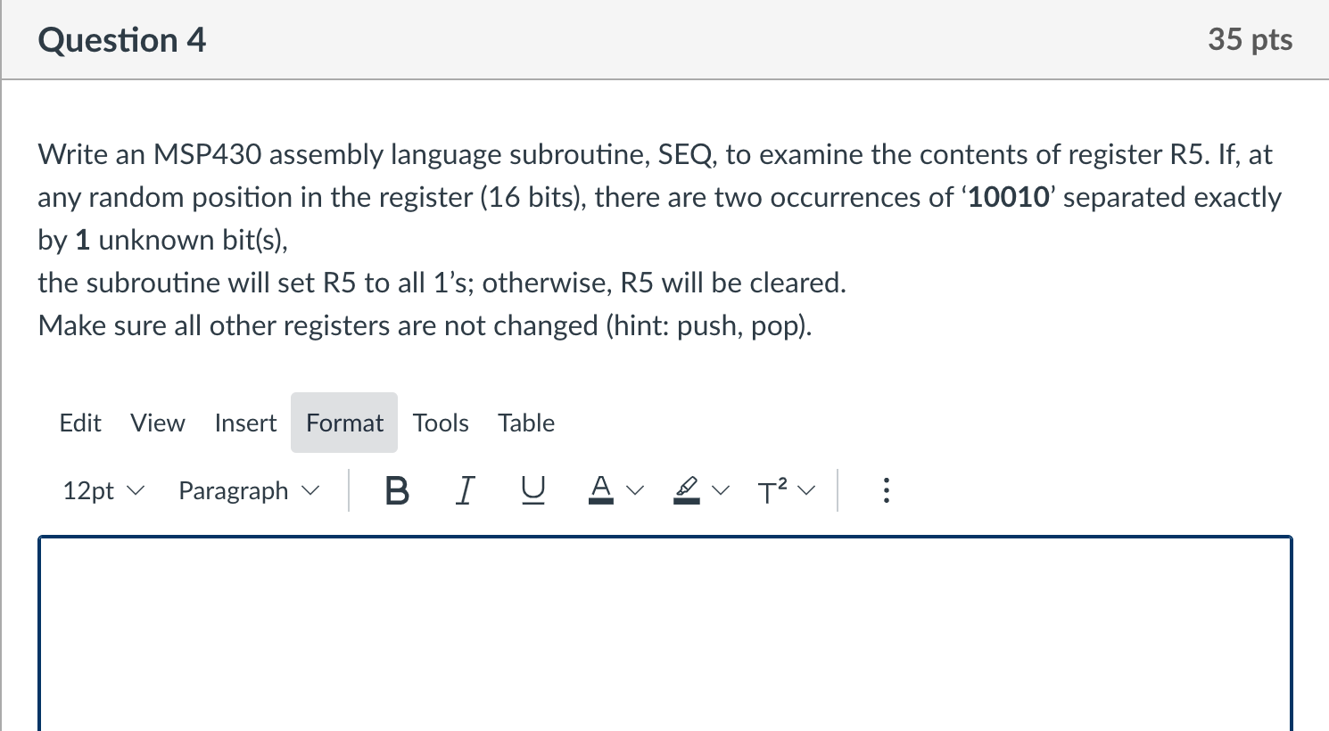 Solved Question 4 35 pts Write an MSP430 assembly language | Chegg.com