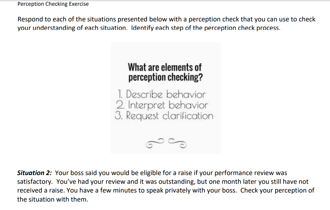 Solved Perception Checking Exercise Respond to each of the | Chegg.com