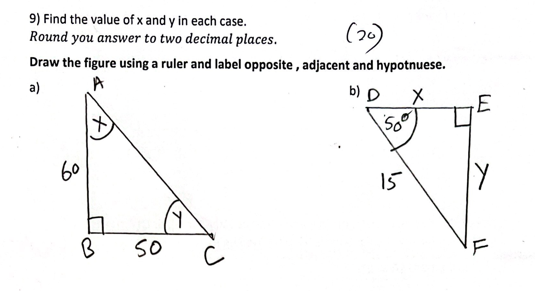 Solved 9) Find the value of x and y in each case. Round you | Chegg.com