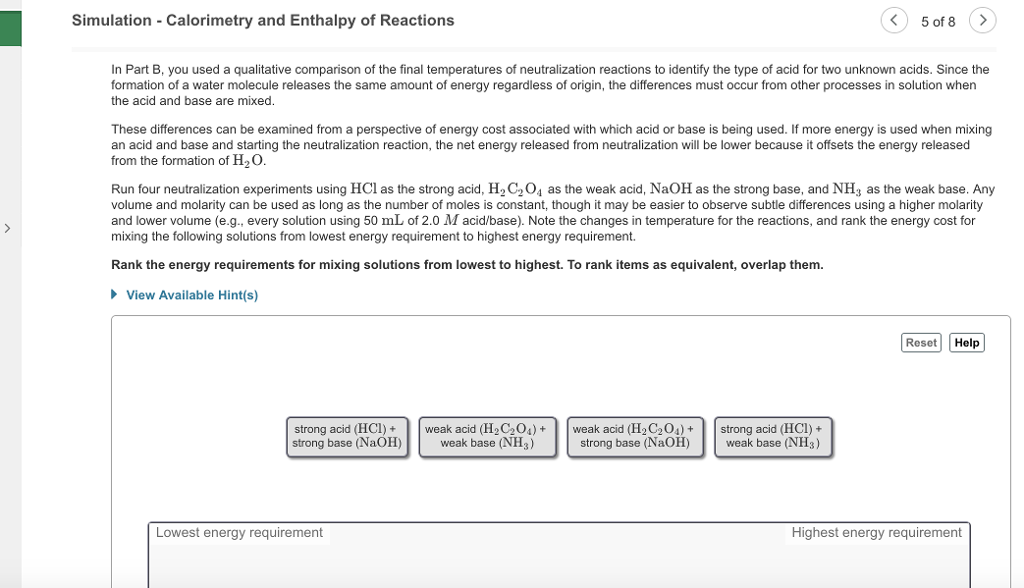 Solved Simulation - Calorimetry and Enthalpy of Reactions 5 | Chegg.com