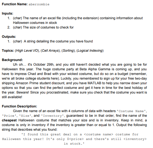 Function Name: aber zombie Inputs: 1. (char) The name | Chegg.com