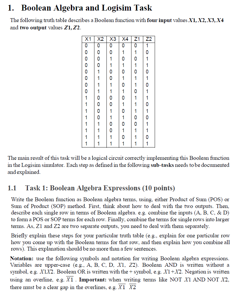 1. Boolean Algebra and Logisim Task The following | Chegg.com