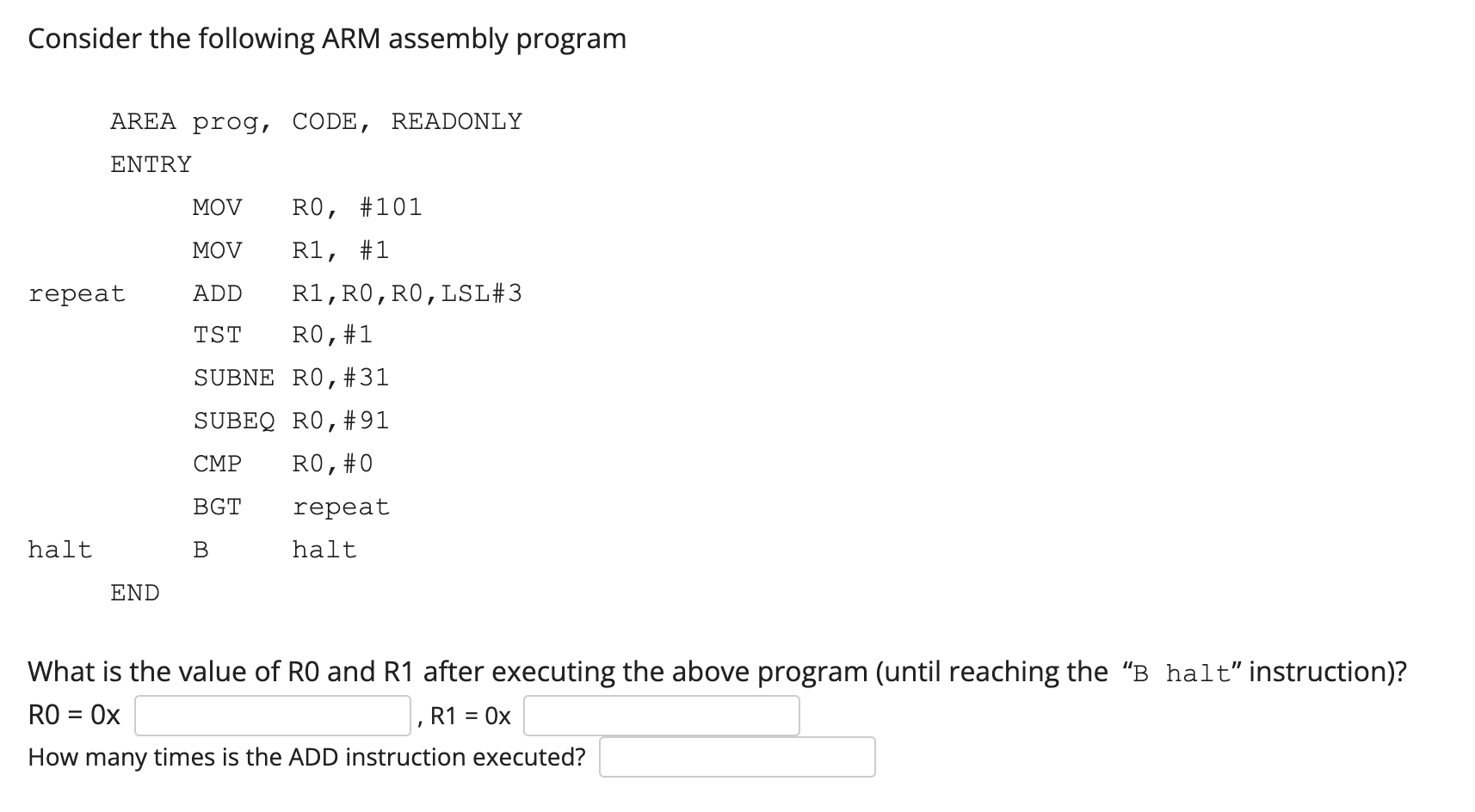 Solved Consider the following ARM assembly program AREA | Chegg.com