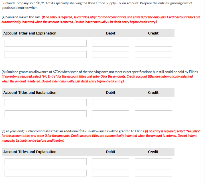 Solved Sunland Company sold $8,910 of its specialty shelving | Chegg.com