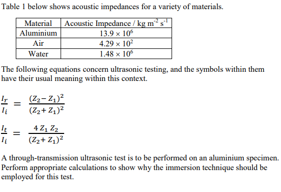 Solved Table 1 below shows acoustic impedances for a variety | Chegg.com