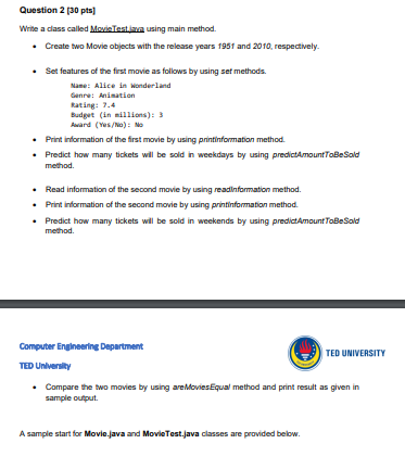 Solved Question 2 [30 pts Write a class called Movie Testa | Chegg.com