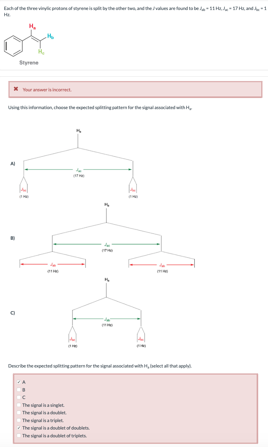 Solved Each of the three vinylic protons of styrene is split | Chegg.com