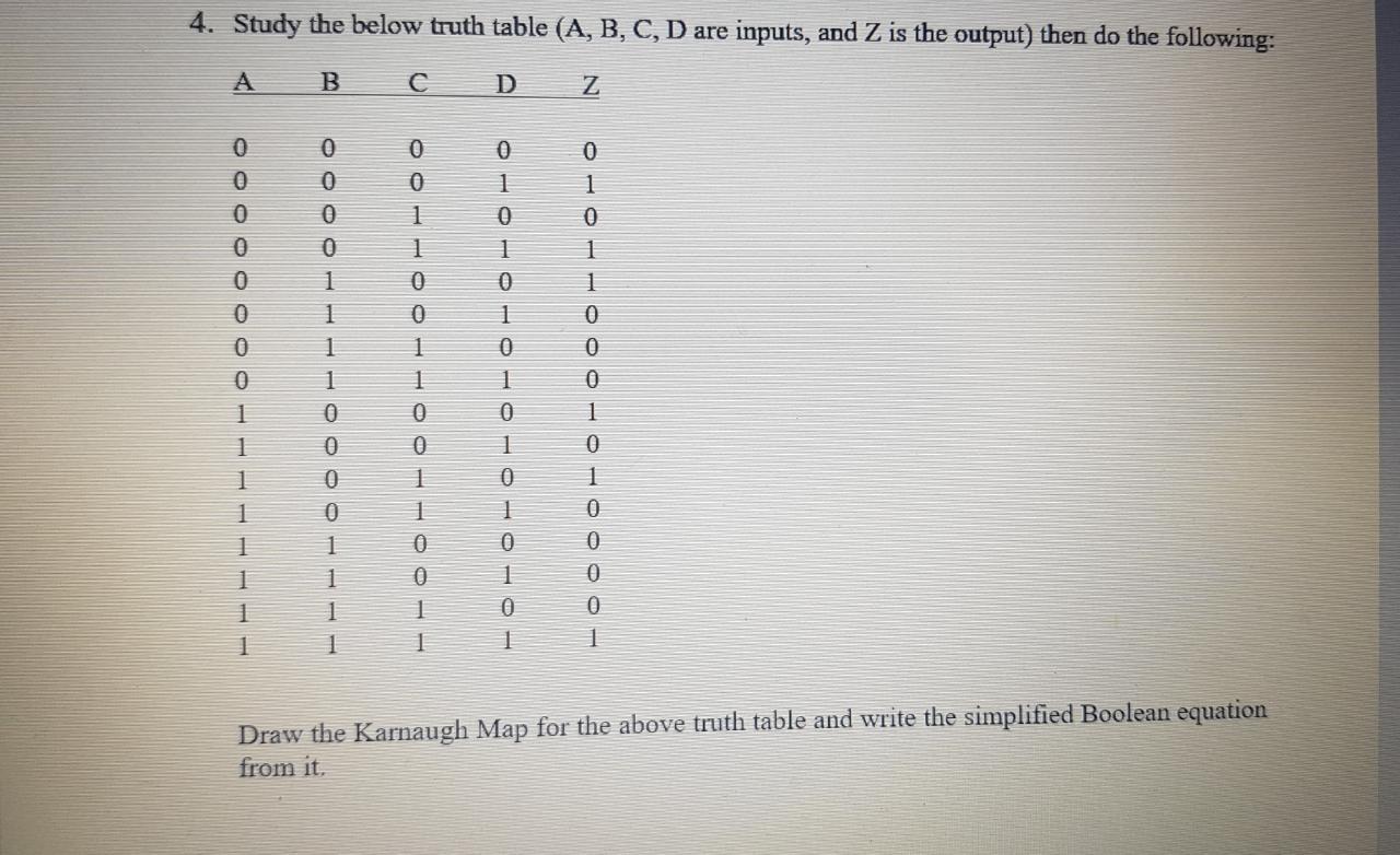 Solved 4. Study the below truth table (A, B, C, D are | Chegg.com