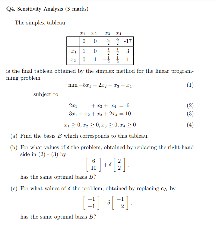 Solved Q4. Sensitivity Analysis (3 marks) The simplex | Chegg.com