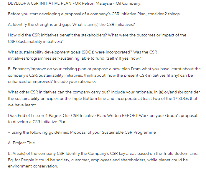DEVELOP A CSR INITIATIVE PLAN FOR Petron Malaysia - | Chegg.com