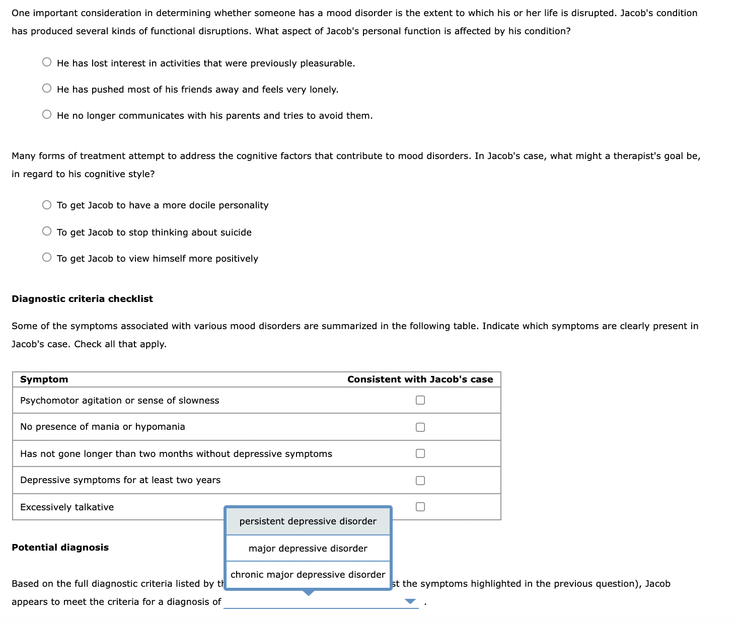 Solved 1. Case study for mood disorders - Jacob Use your | Chegg.com